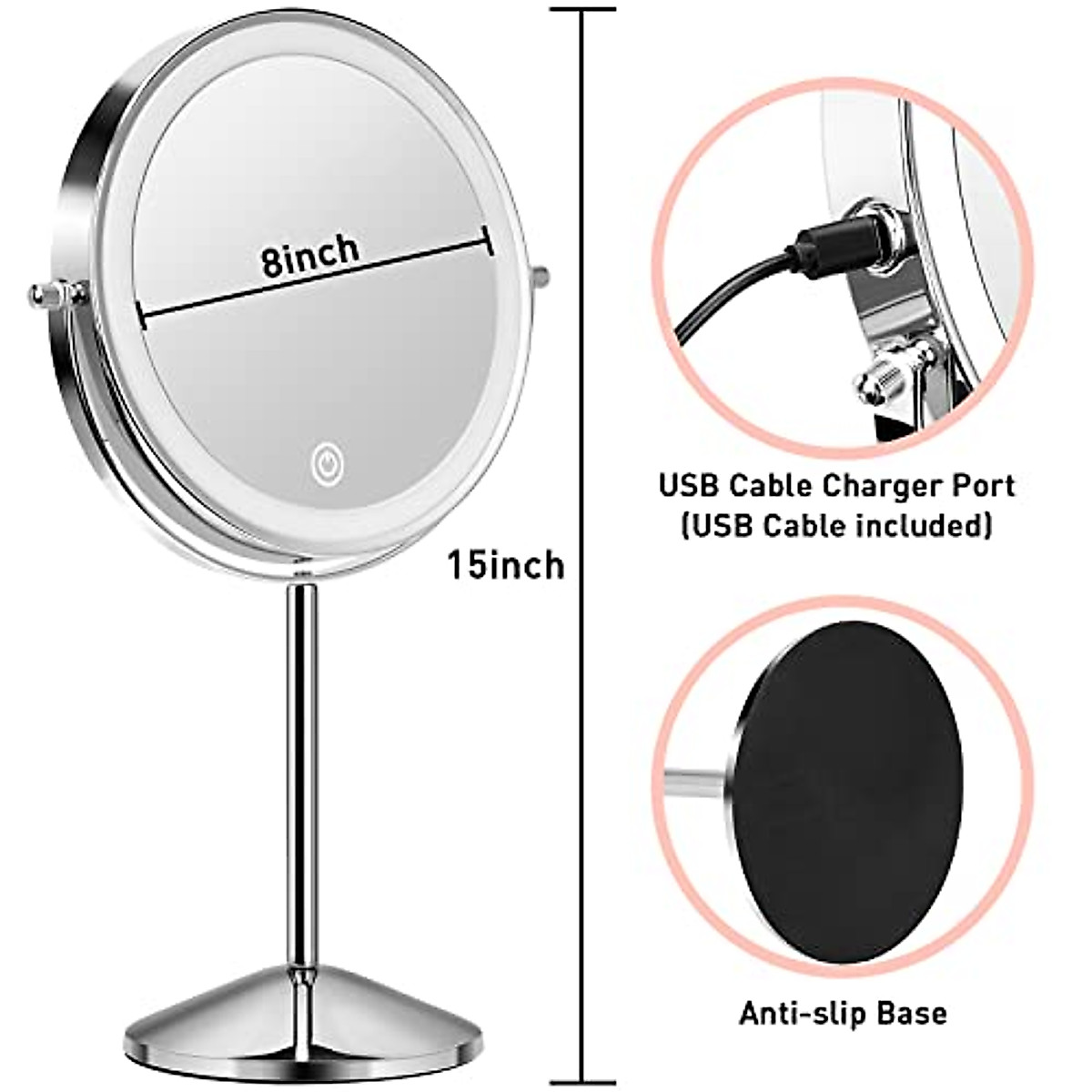 KuMers Lighted Makeup Mirror with Magnification, 10X 8’’Rechargeable Double Sided Vanity Mirror with Lights Magnifying Makeup Mirror with 3 Color Light with 360° Rotation, Detachable Base