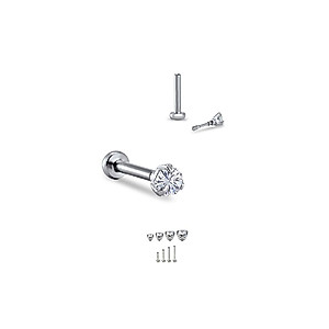14K White Gold Labret Nose Ring Stud Titanium Push Pin Threadless Post 3/16" - 5mm Post 1.5mm CZ 18G