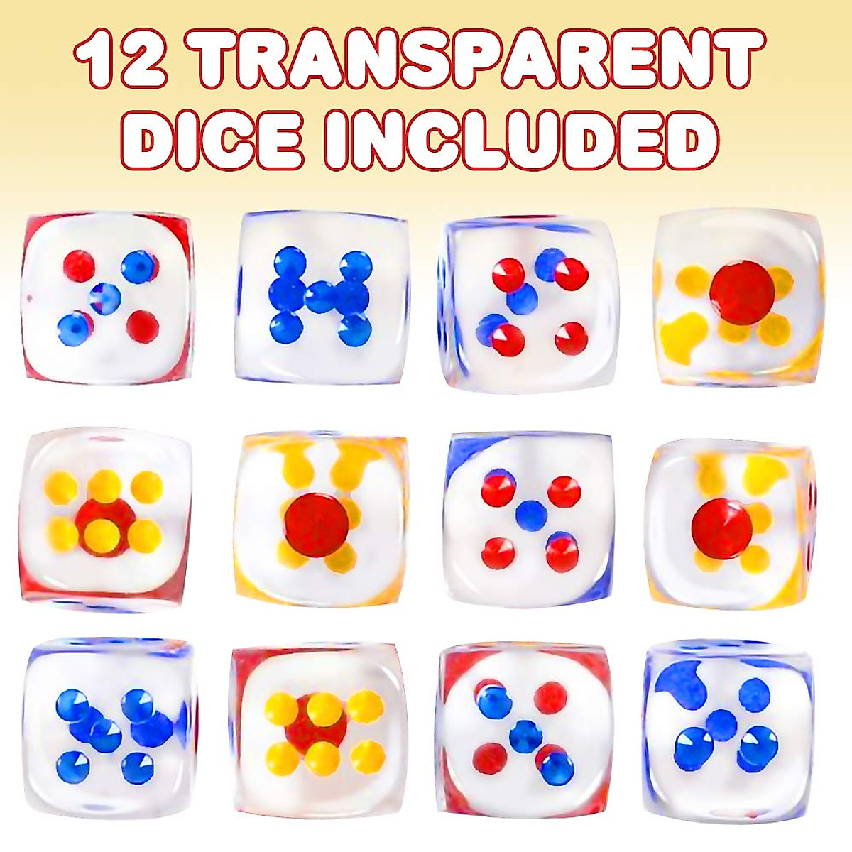 ArtCreativity 6-Sided Transparent Dice Set of 12, Oversized 1 Inch Clear Dice with Colored Dots, Fun Six-Sided Gaming Dice for Farkle, Ten Thousand, Cho-Han and Other Dice Games