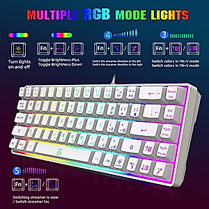 Snpurdiri 60% Percent Gaming Keyboard, Ergonomic Small Mini Gaming Keyboard, Compact RGB Backlit Keyboard for Windows, PC, Laptop, Gaming (68 Keys, White)