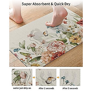 Retro Flowers Bath Mat for Tub,Non Slip Bathroom Floor Runner Rug Quick Dry & Absorbent Diatomaceous Earth Kitchen Shower Sink Washable Doormat,Rustic Fall Winter Rose Florals Spring Plant 20"x32"