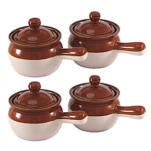 Chefcaptain Ceramic Soup Bowls, Soup Bowls With Handles High-Grade Ceramic Chili Bowls With Sturdy Handles And Lids, Stoneware Bowls French Onion Soup Crocks XL 22OZ (Brown Cream)