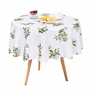 ASPMIZ Green Leaves Tablecloth, Tropical Leaf Plant and Butterfly Table Cloth, Spring Summer Waterproof Wrinkle Free Tablecover for Kitchen, Dining Room, Outdoor, Picnic, Party, Round 60 inch