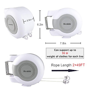 Retractable Clothesline 2x49 Feet Outdoor Indoor, Dual Heavy Duty Clotheslines for Laundry Drying, Wall-Mounted Portable Easy Installation Washing Lines Rope (98FT White)