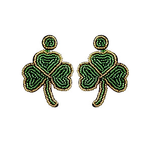 St. Patrick's Day Green Leaf Beaded Dangle Earrings Handmade Braid Irish Shamrock Shape Earrings for Women Jewelry(B)