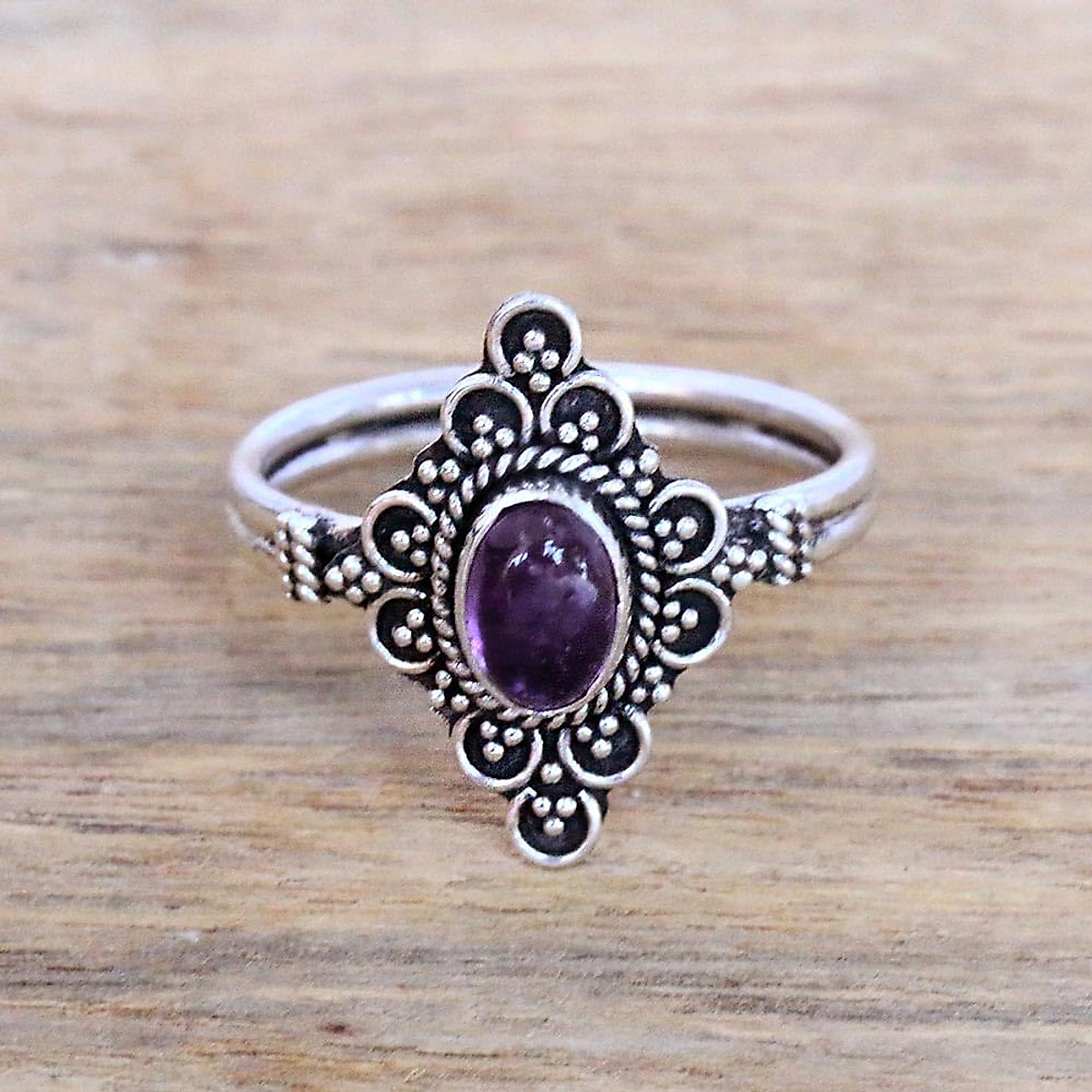 NOVICA Artisan Handcrafted Amethyst Cocktail Ring from Bali Sterling Silver Indonesia Birthstone Geometric [crownbezel 0.2 in H x 0.7 in W x 0.5 in D Band Width 3 mm W] ' Daydream Temple'