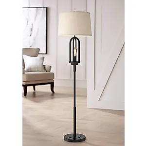 360 Lighting Marcel Industrial Rustic Farmhouse Floor Lamp Standing 64" Tall Black with LED Nightlight Light Natural Linen Drum Shade for Living Room Reading Bedroom Office House Home Decor