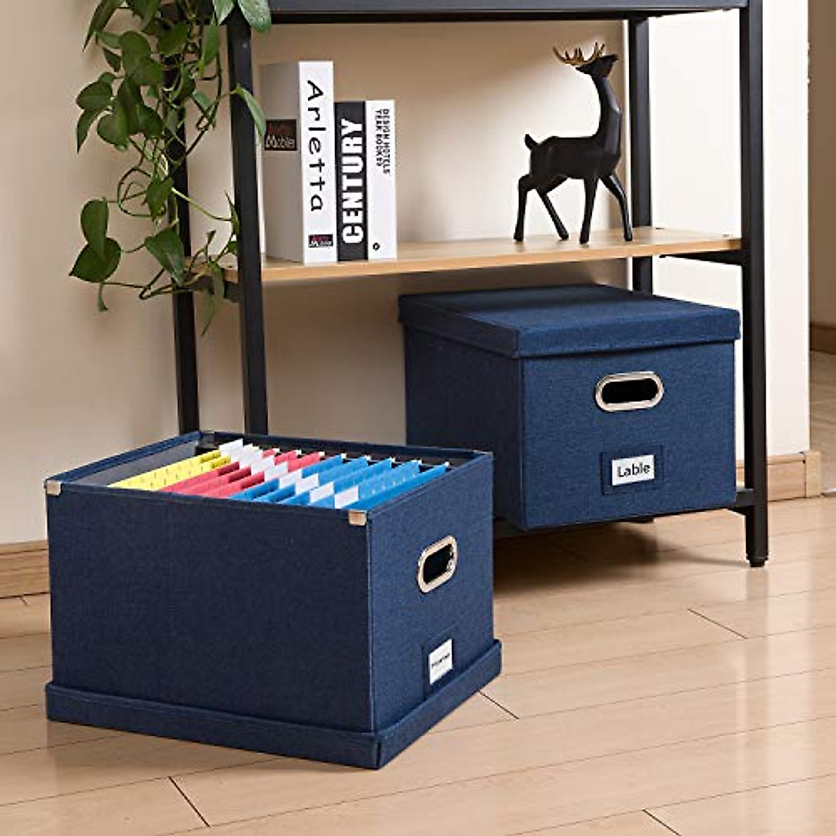 PRANDOM File Organizer Box - Set of 2 Collapsible Decorative Linen Filing Storage Hanging File Folders with Lids Office Cabinet Letter/Legal Size Navy Blue (17x14x11.2 inch)