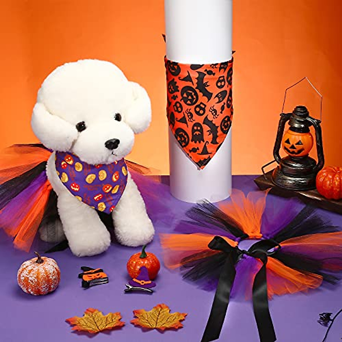 8 Pieces Halloween Dog Tulle Tutu Skirt with Halloween Dog Bandana Cartoon Hairpins Halloween Dog Costumes Pet Halloween Accessories Supplies for Small Dogs Cats Halloween Birthday Party Supplies