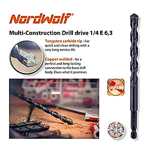 NordWolf 5-Piece Metric Carbide Tipped Multi-Purpose Drill Bit Set with 1/4" Hex Shank for Sheet Metal, Wood, Block, Brick, Tile & Plastic, Sizes 5.5-6.5-7-8-10mm