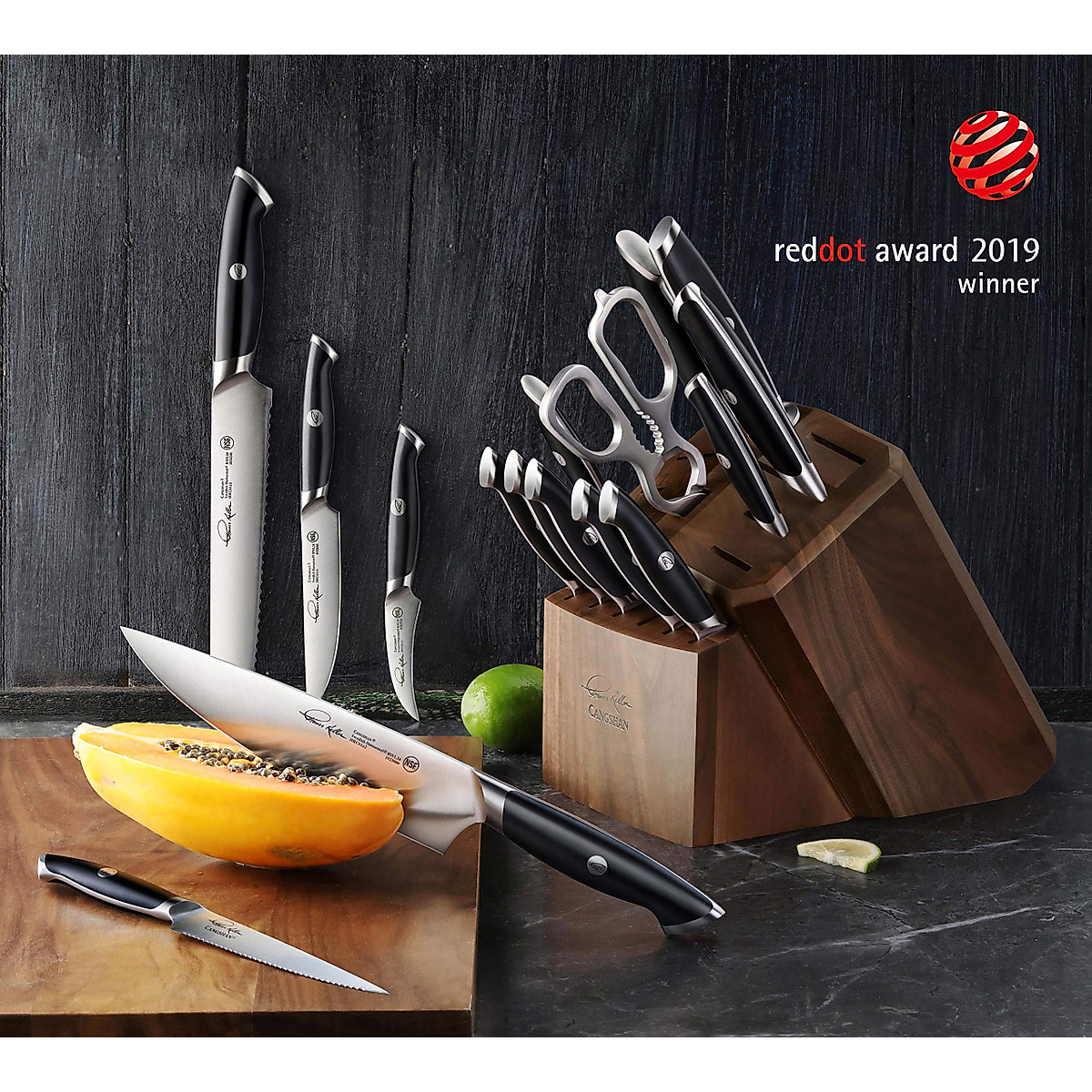 Cangshan Thomas Keller Signature Collection Swedish Powder Steel Forged, 17-Piece Knife Block Set, Walnut, Black