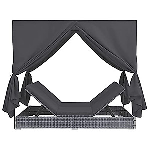 Tidyard Outdoor Lounge Bed with Curtains Sunbed Outdoor Sofabed Garden Furniture Weather-Resistant & Waterproof, Removable & Washable Cushion Poly Rattan Gray