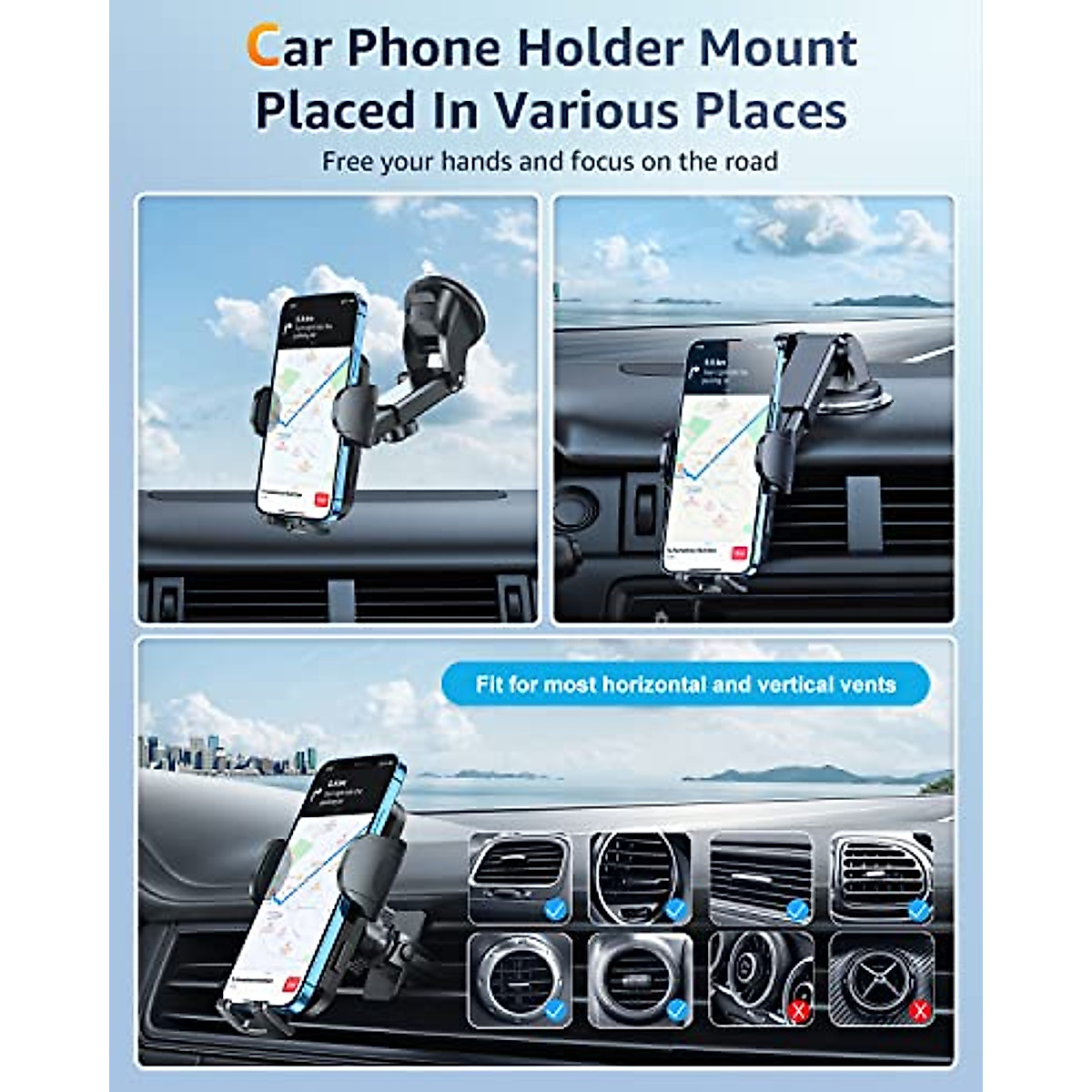 Humixx Phone Mount for Car [Military-Grade Super Suction] Universal Hands-Free Car Phone Holder Mount for Dashboard Windshield Air Vent Car Mount for iPhone 14 Pro Max Plus Samsung All Phones & Cars
