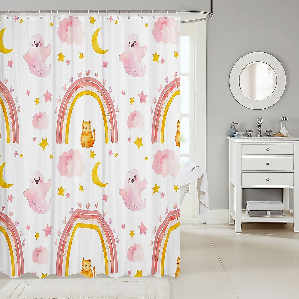 Halloween Rainbow Halloween Shower Curtain Gothic Bath Curtain Cute Ghost Bathroom Accessories 72"Wx78"L,Galaxy Moon Stars Clouds Toddler Kawaii Cat Kitten Halloween Decorations Pink Room Decor