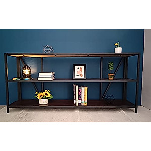 Industrial Bookshelf 3 Shelf Bookcase,Rustic Farmhouse Book Shelves,Solid Wood Three Tier Open Bookcase ,Industrial Wood and Black Metal Bookshelves, Industrial Bookshelf for Living Room Home Office