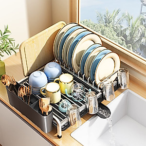 Aluminum Dish Drying Rack, Large Dish Rack and Drainboard Set, Utensil Holder, Multifunctional Anti-rust Dish Drainers for Kitchen Counter with Cup and Cutting Board Holder for Various Kitchenware