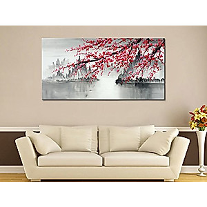 Traditional Chinese Painting Hand Painted Plum Blossom Canvas Wall Art Modern Black and White Landscape Oil Painting for Living Room Bedroom Office Decoration (48x24 inch)