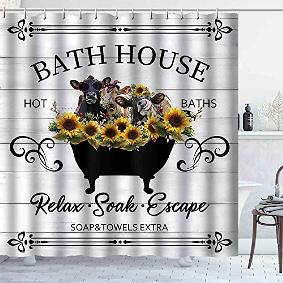 Dia Magico 4PCS Funny Cow Shower Curtain Set, Yellow Sunflower Floral Green Botanical Bull Cattle Farm Animal Country Rustic Farmhouse Bathroom Decor, Fabric White Shower Curtain, Non-Slip Bath Mat