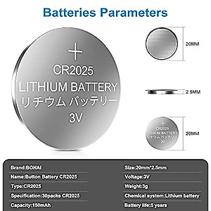 BONAI CR2025 3v Lithium Battery Coin Cell Batteries-30 Count, Premium Button Battery Long Lasting for Keyfob Key, Remotes Control, Watches (5-Year Shelf Life)