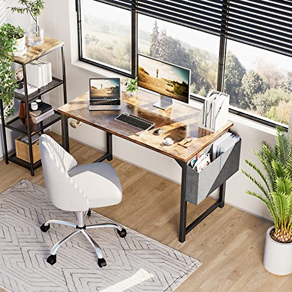 OLIXIS Computer Desk Writing Work Modern PC Table with Storage and Hooks for Bedroom, Home Office, 2 Person Use, 47 Inches, Rustic Brown
