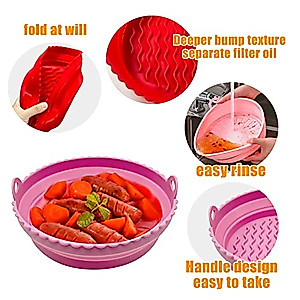 2PCS Round SiliconeAir Fryer Liners 21CM Reusable Fits 3.6 To 6.8QT Air Fryer,air Fryer Silicone Pot Basket Round with Heat-proof Gloves, Air Fryer Basket Deep Oven Accessories (Pink+Red)