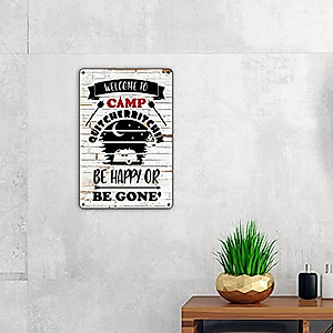QIONGQI Funny Welcome to Camp Metal Tin Sign Wall Decor Farmhouse Rustic Camping Signs with Sayings for Home Camper Room Decor Gifts (Wooden Style)