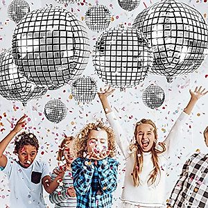WXJ13 20 Pack Big Disco Ball Balloons for 3 Different Sizes, 32” 22” 10‘’ 4D Large Disco Balloons Round Metallic Silver Disco Mylar Foil Balloons for 70s 80s Disco Party Decorations