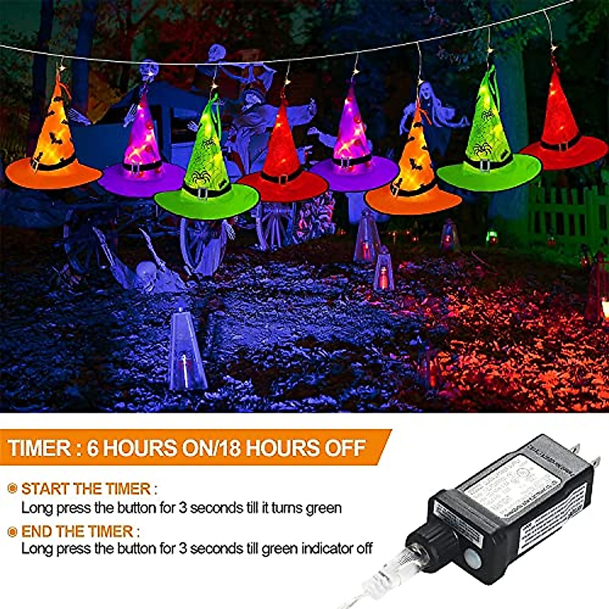 MZD8391 Halloween Decorations Lighted Witch Hats, 8Pcs Hanging Glowing Witch Hats 44ft Halloween Outdoor Lights String with 8 Lighting Modes for Outdoor, Garden, Yard, Tree