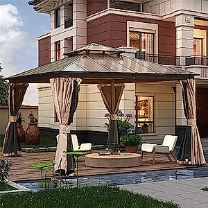 Goohome 12'x12' Hardtop Gazebo, Permanent Outdoor Gazebo with Polycarbonate Double Roof, Aluminum Gazebo Pavilion with Curtain and Net, Hard Top Waterproof Pergola Shade and Rain for Lawn, Poolsides