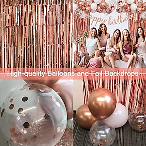 Rose Gold Birthday Party Decorations, Happy Birthday Banner, Rose Gold Fringe Curtain, Rose Gold Sequin Table Runner, 3D Butterfly Wall Decal, Rose Gold Balloons for Women Girls Birthday Party