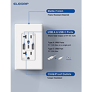 ELEGRP USB Wall Outlets, 3-Ports USB C Wall Outlets Receptacles, Matte White 20 Amp Outlets with USB Ports, TR Tamper-Resistant USB Outlets, Screwless Wall Plate Included, UL & CUL Listed, 6 Pack