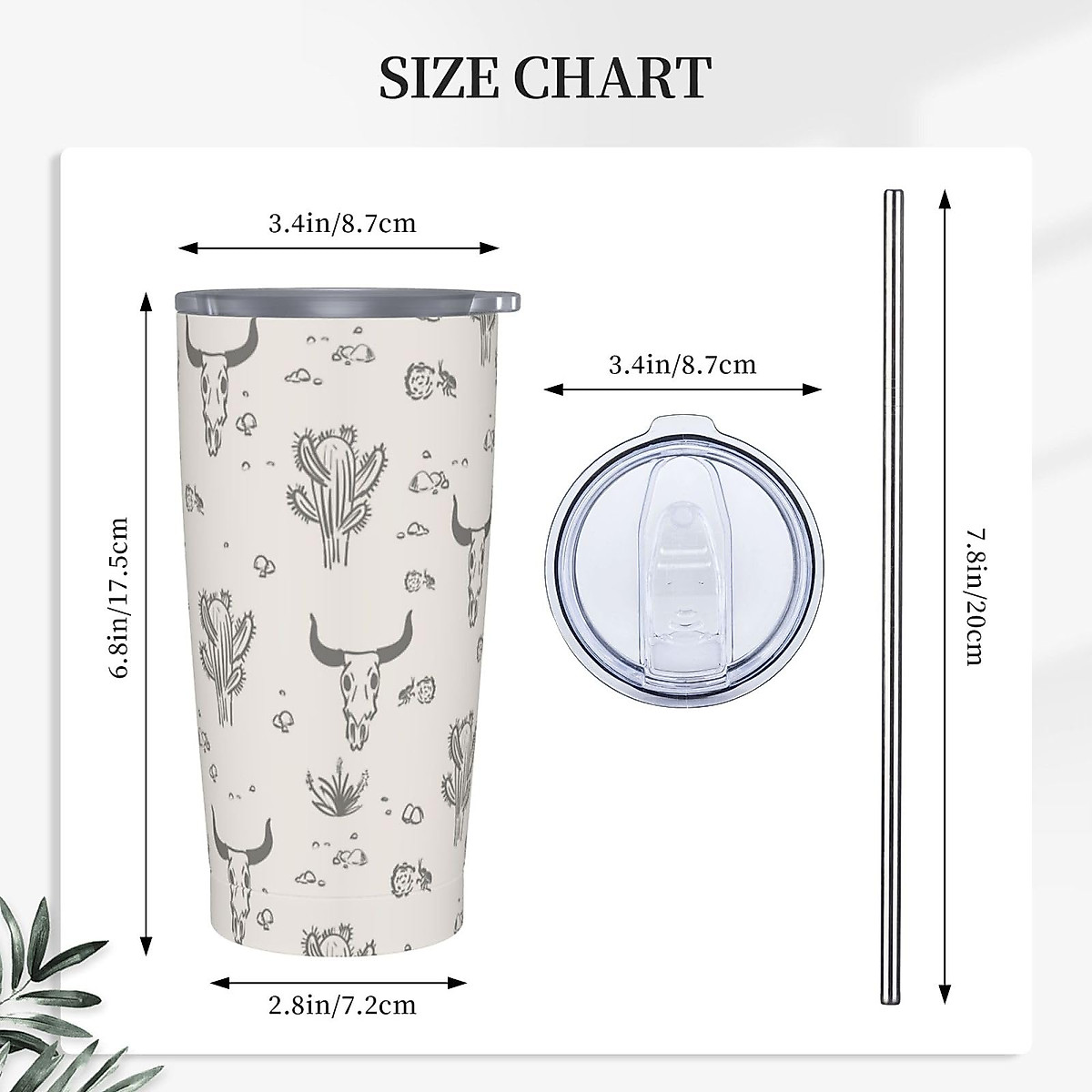 JASROTAO Eucalyptus Cow Skull Tumbler,Cow Skull 20oz Stainless Steel Insulated Travel Tumbler,Travel Coffee Mug with Lid and Straw Water Bottle Drink Tumbler Cups Gifts for Women Men