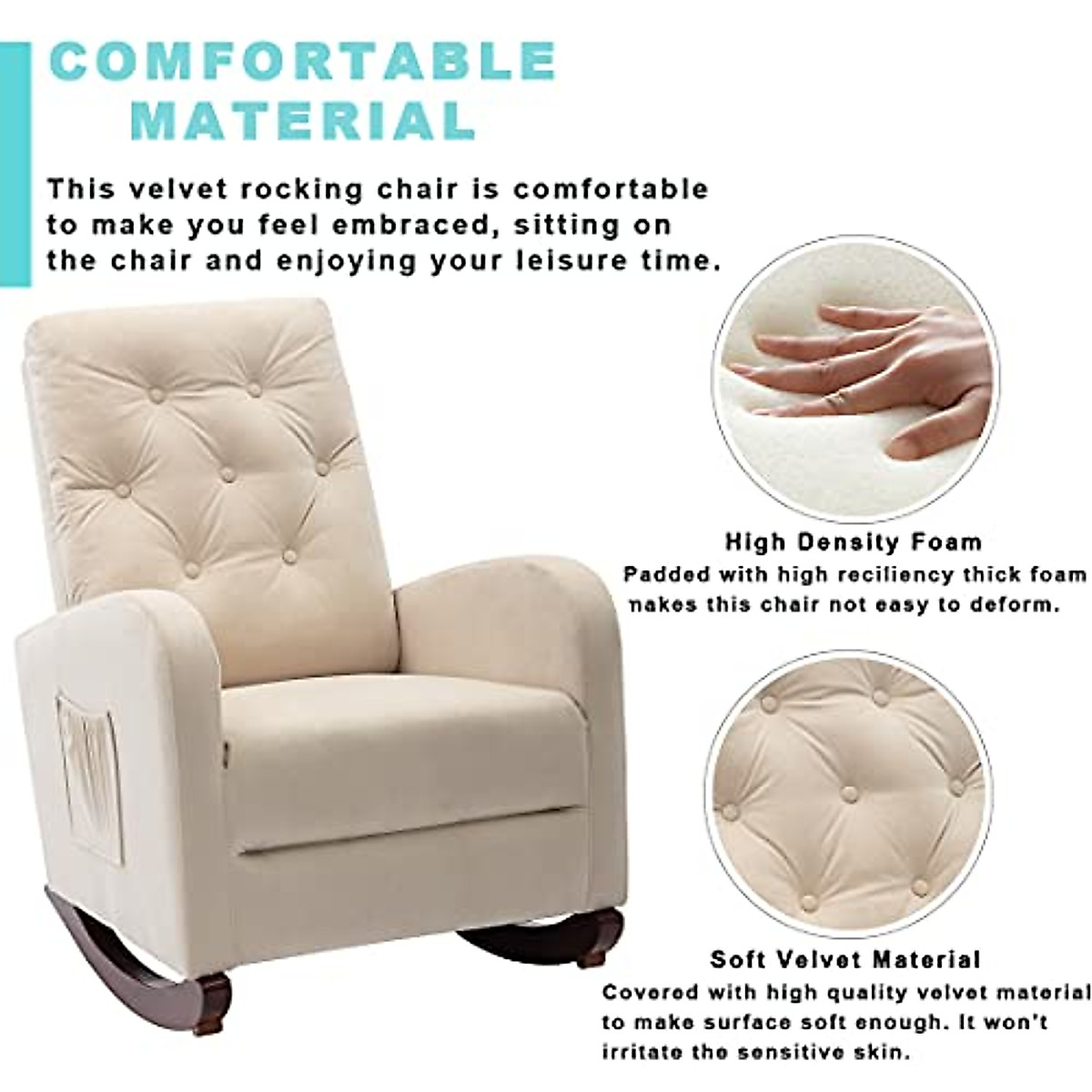 Rocking Accent Chair, Tufted Upholstered Luxury Velvet Lounge Chair, Glider Rocker Armchair with Side Pocket for Nursery, Living Room, Bedroom, Solid Wood Frame for 300 lbs Support (Sandy Beige)