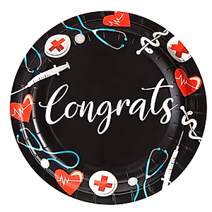 Sparkle and Bash 80 Pack Nurse Paper Plates for Nursing Graduation Party Supplies, Congrats and Medical Symbol Designs, for Student Nurses, Doctors, Medical Professionals (9-Inch Diameter)