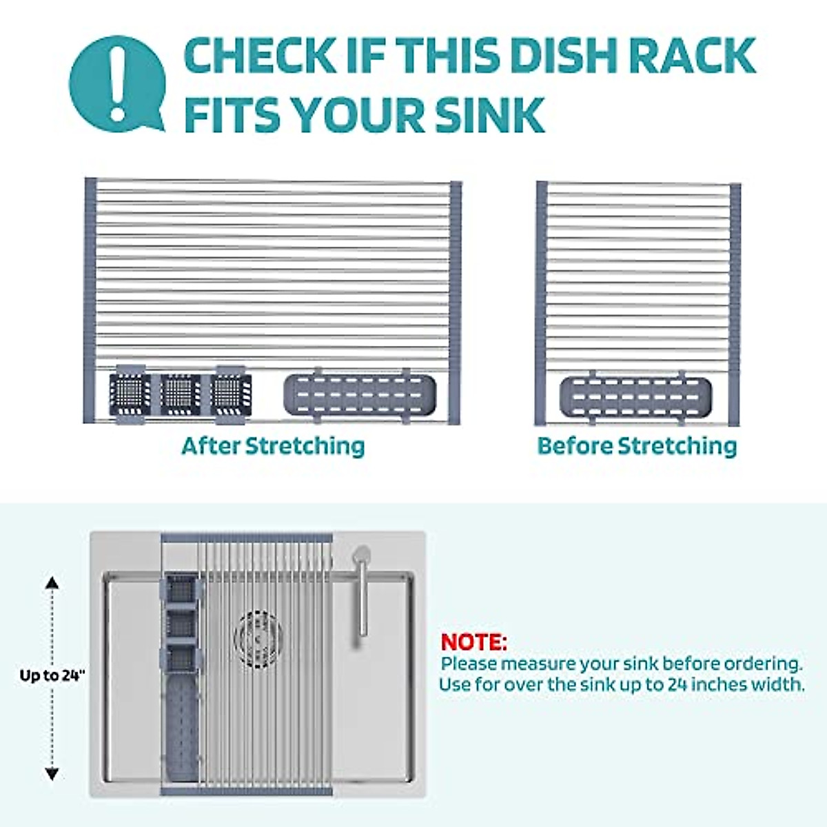 Extra Large Expandable Roll Up Dish Drying Rack Up to 25.1''with 2 Storage Baskets,Over The Sink Kitchen Rolling up Dishes Drainer, Foldable,Rollable for Fruits