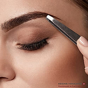 Regine Switzerland Slant Tweezers & Compact Case with 10X Magnifying Mirror Set - Precision Stainless Steel Tweezers for Ingrown Hair, Facial & Grooming - Travel Set with Hard Case for Men Women - 2Pc