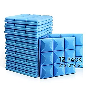 Fstop Labs Acoustic Foam Panels, 12 Pack Blue 2" X 12" X 12" Mushroom Studio Wedge Tiles, Sound Panels Sound Proof Foam Panels Sound Proofing Padding For Wall
