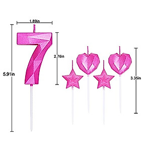 Pink Number 7 Candles and Star Heart Candles 2.76 inch Number Candles for Birthday Cakes 3D Diamond Shaped for Cake Decorations(Pink Candle 7)