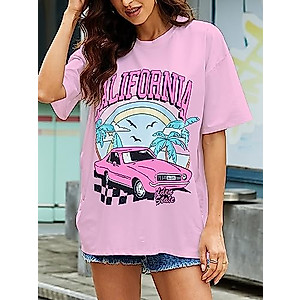 YIJIU Women's Oversized T Shirts Graphic Print Short Sleeve Loose Casual Summer Tees Tops,Pink,M