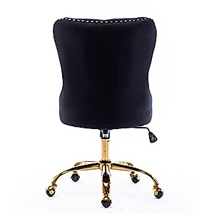 Guyou Black and Gold Vanity Chair Upholstered Velvet Home Office Desk Chair Swivel Desk Chair with Tufted Buttons for Bedroom (Black)