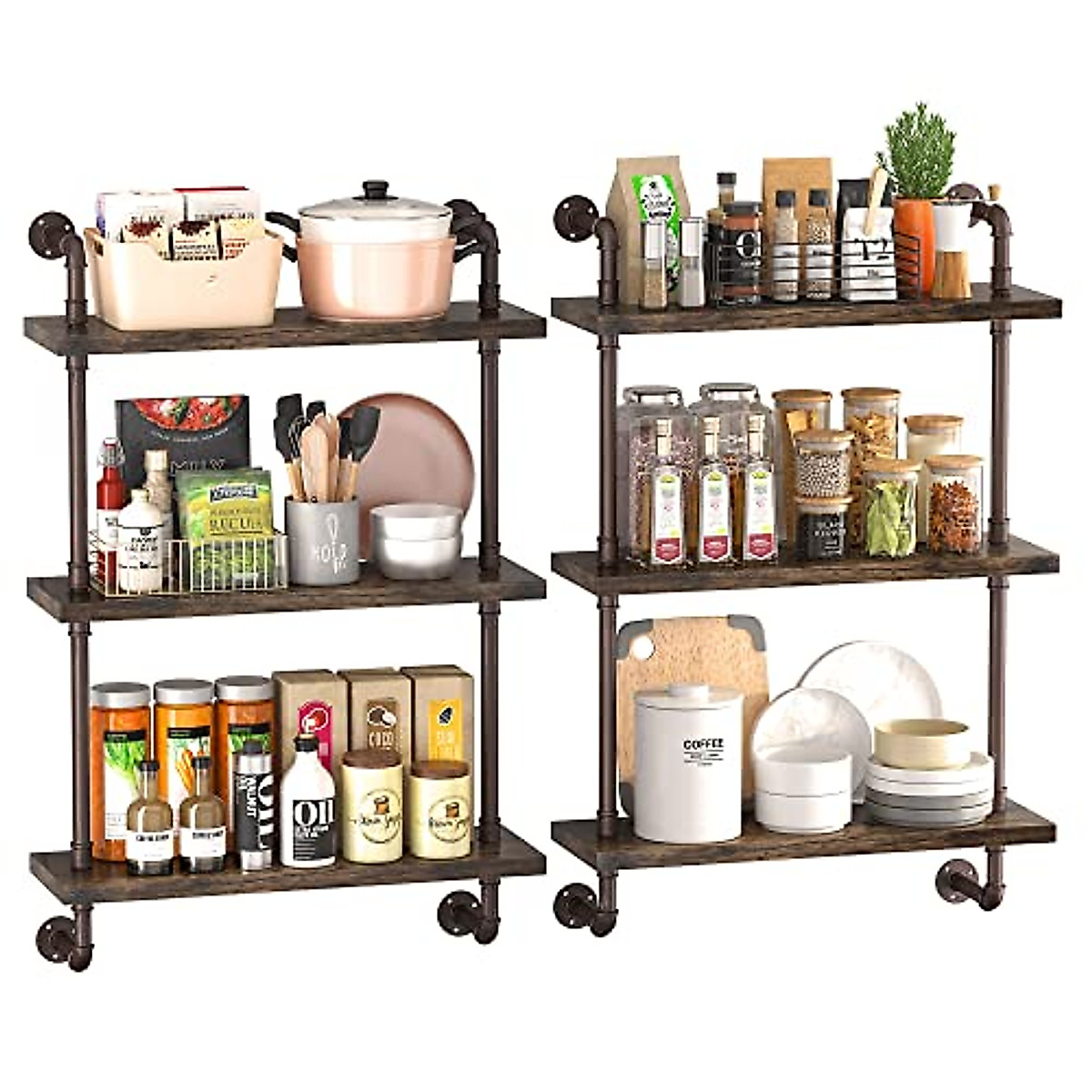 PUSDON Industrial Pipe Shelving Wall Mounted 24 Inch 3 Tier,Bathroom Bronze Metal Floating Shelves, Wood Hanging Storage Bookshelf (W24inch - 2 Sets) - Drak Coffee