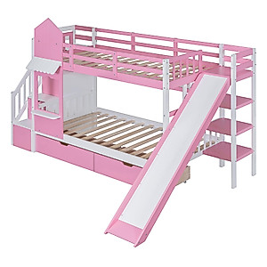 Bellemave Twin Over Twin Castle Bunk Bed with Slide & Storage Stairs, Wood Playhouse Bunk Beds Frame with Shelves & Drawers, Pink Princess Bunk Bed for Girls Boys Teens, No Box Spring Needed