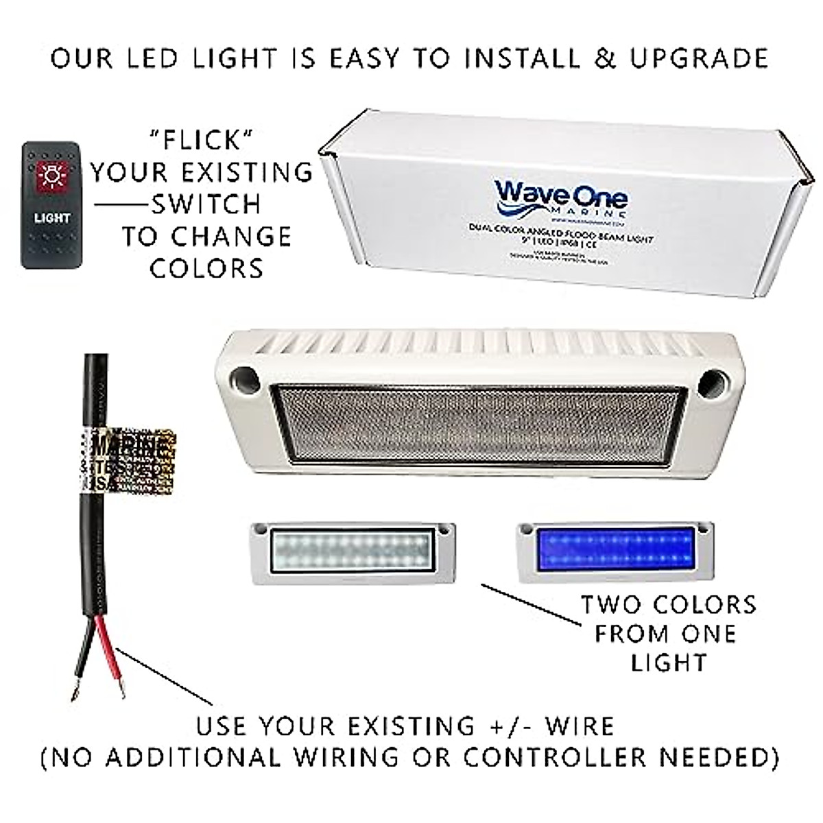 Wave One Marine | Dual Color 9" LED Exterior Porch Patio Angle Light | 12v Volt 2400 Lumen Fixture Replacement Lighting RVs Boat Travel Trailer Camper RV Awning Outdoor (White Housing, White | Blue)