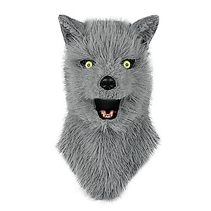 hbbhml Animal Dog Head Mask Realistic Furry Plush Tail Claw Gloves Full Wolf Masks for Halloween Party Carnival Cosplay Gray