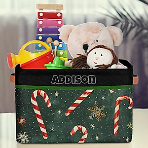 KFNHN Personalized Storage Bins, Customized Name Storage Basket Rectangle Clothes Organizer for Organizing Kids and Pets Toys Shelf Closet, Merry Christmas Green Candy Cane Snowflake