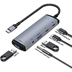 5 IN 1 USB C to 3.5mm Headphone and Charger Adapter, USB C Hub OTG USB 3.0 Data Adapter PD 60W Charger Fit with iPad Pro/iPad Air Mini/Macbook Pro/Air, Galaxy S23 S22 Note 20 Ultra, Pixel 7 6 Pro