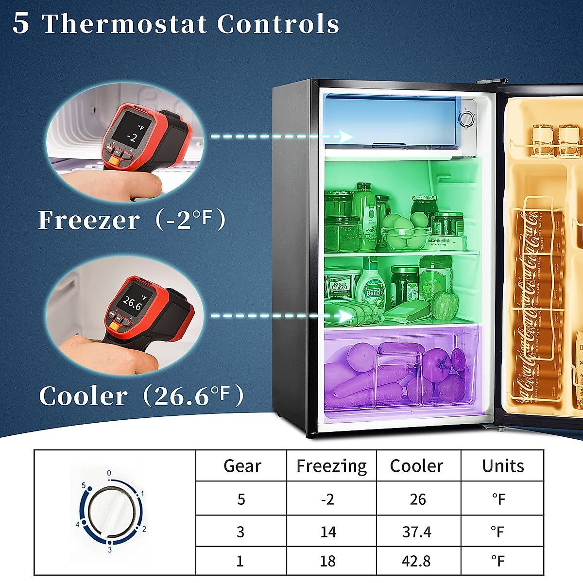 ARBELI Compact refrigerator with freezer, 3.2 Cu.ft Mini Fridge with Reversible Door, 5 Settings Temperature Adjustable for Kitchen, Bedroom, Dorm, Apartment, Bar, Office, RV Black