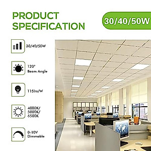 hykolity 2x2 FT LED Flat Panel Troffer Light, 30/40/50W, CCT Selectable 4000K/5000K/6500K Drop Ceiling Office Lights, 115LM/W, 0-10V Dimmable Ultra Slim Recessed Back-lit Fixture, ETL 6 Pack
