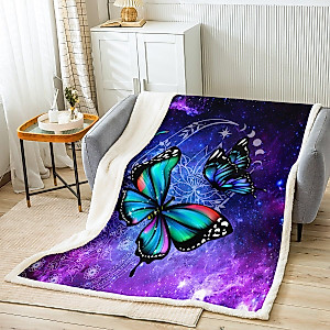 Feelyou Butterfly Blanket 60"x80" for Bed Sofa Couch Butterflies Print Throw Blanket Sun Moon Fleece Blanket Galaxy Print Plush Blanket for Boys Girls Kids Adults