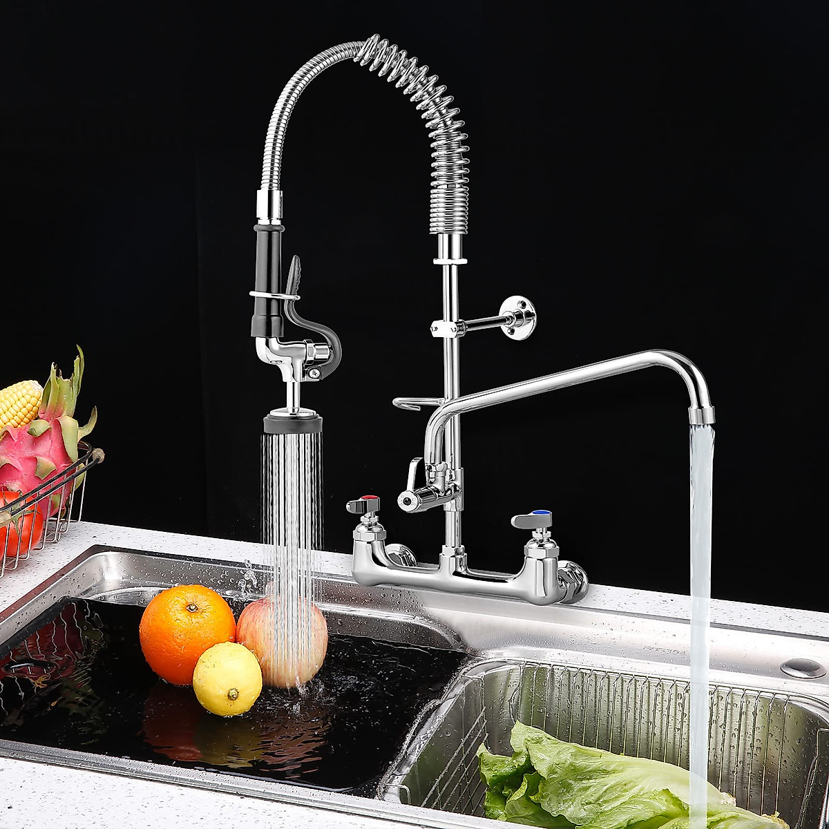 VEVOR Commercial Faucet Pre-Rinse with Sprayer, 8in Adjustable Center Wall Mount Kitchen Faucet with 12" Swivel Spout, 36" Height Compartment Sink Faucet for Industrial Restaurant, Lead-Free Brass